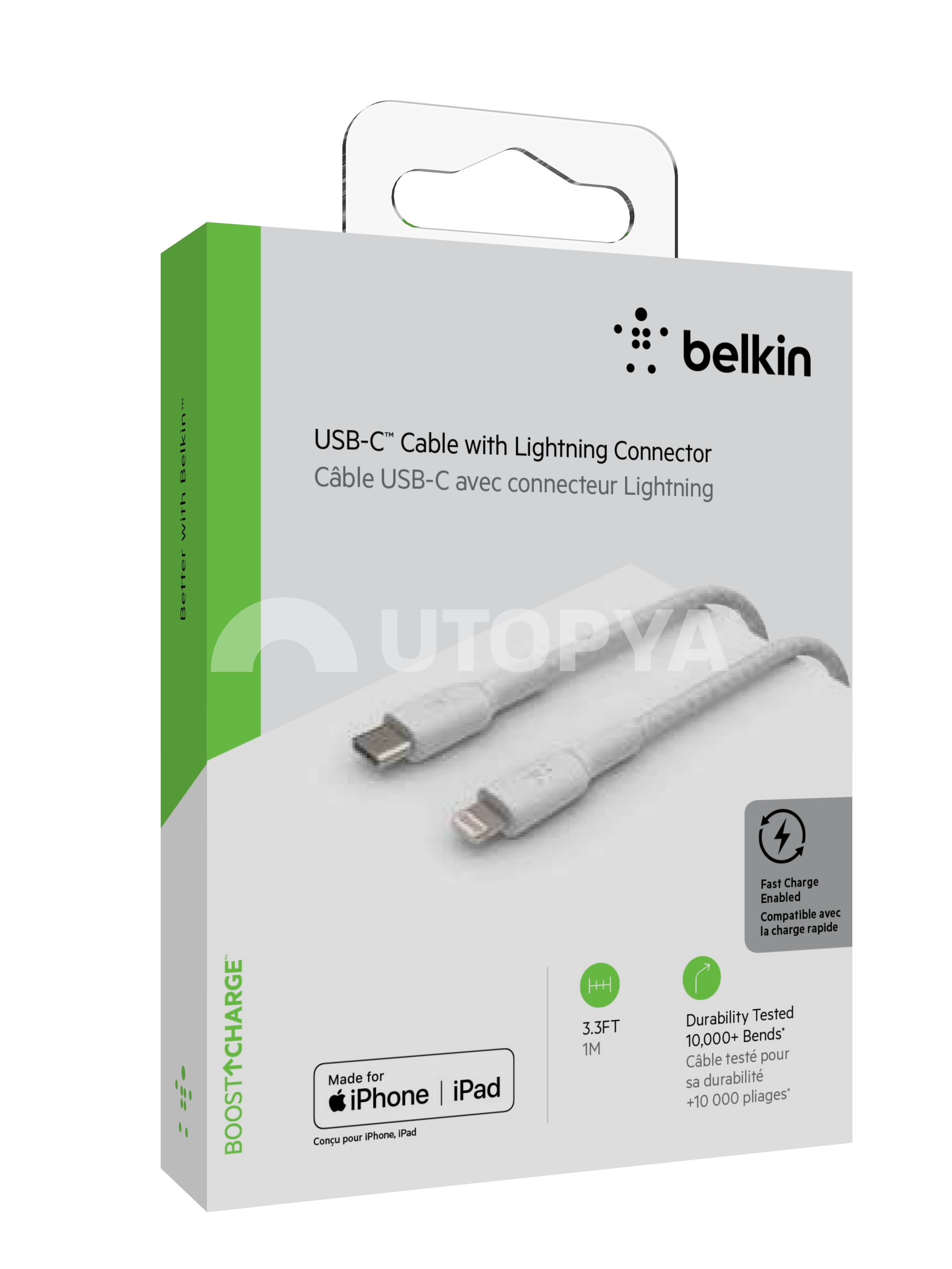BELKIN Câble Tressé USB-C à Lightning MFi 2m (Blanc) CAA004bt2MWH